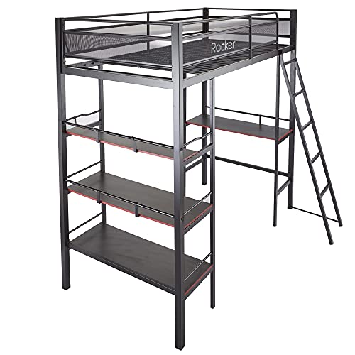 X Rocker I Fortress Gaming Bunk Bed I Built-in Desk and Shelving I Sturdy Metal Frame I Red Wooden Trim I Black