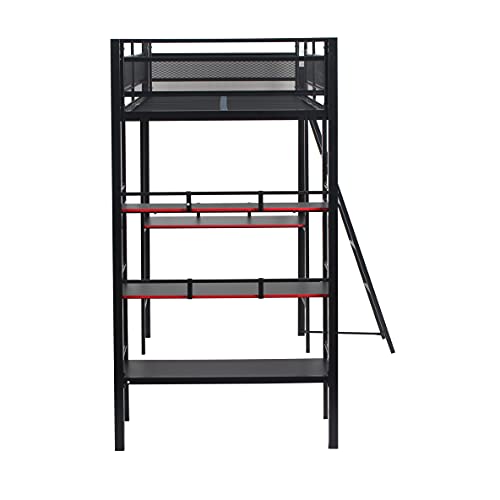 X Rocker I Fortress Gaming Bunk Bed I Built-in Desk and Shelving I Sturdy Metal Frame I Red Wooden Trim I Black