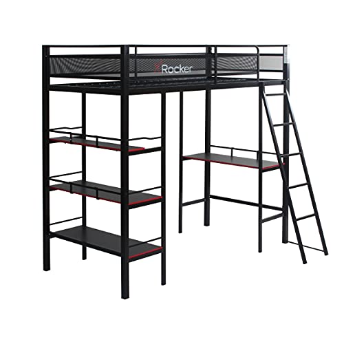 X Rocker I Fortress Gaming Bunk Bed I Built-in Desk and Shelving I Sturdy Metal Frame I Red Wooden Trim I Black