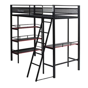 X Rocker I Fortress Gaming Bunk Bed I Built-in Desk and Shelving I Sturdy Metal Frame I Red Wooden Trim I Black