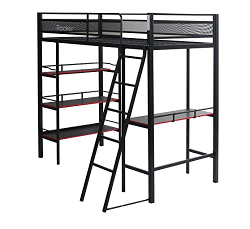 X Rocker I Fortress Gaming Bunk Bed I Built-in Desk and Shelving I Sturdy Metal Frame I Red Wooden Trim I Black