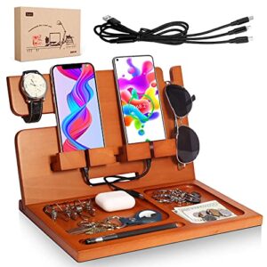 wood phone docking station - gift for men / dad, birthday gifts for men, nightstand organizer for husband, bedside wallet stand watch organizer for father, mens gifts ideas, men gadgets