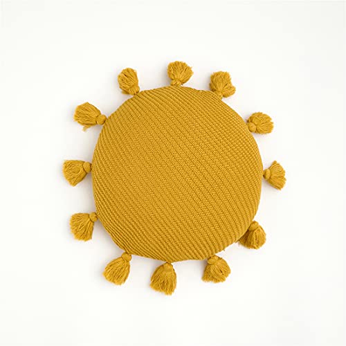 vctops Decorative Round Fringe Throw Pillow with Inserts Woven Textured Throw Pillows for Bedroom Living Room Sofa Couch Balcony (Yellow, Diameter 16")