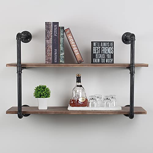 Womio Industrial Pipe Shelving Wall Mounted,Rustic Metal Floating Shelves,Steampunk Real Wood Book Shelves,Wall Shelf Unit Bookshelf Hanging Wall Shelves,Farmhouse Kitchen Bar Shelving(2 Tier,36in)