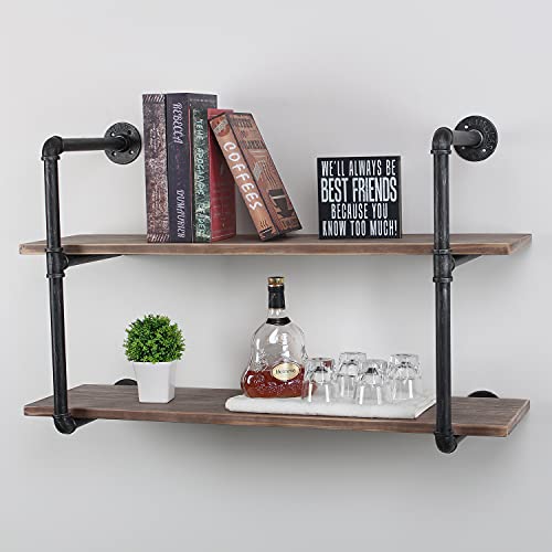 Womio Industrial Pipe Shelving Wall Mounted,Rustic Metal Floating Shelves,Steampunk Real Wood Book Shelves,Wall Shelf Unit Bookshelf Hanging Wall Shelves,Farmhouse Kitchen Bar Shelving(2 Tier,36in)