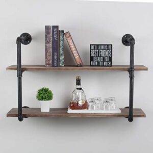 Womio Industrial Pipe Shelving Wall Mounted,Rustic Metal Floating Shelves,Steampunk Real Wood Book Shelves,Wall Shelf Unit Bookshelf Hanging Wall Shelves,Farmhouse Kitchen Bar Shelving(2 Tier,36in)