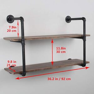 Womio Industrial Pipe Shelving Wall Mounted,Rustic Metal Floating Shelves,Steampunk Real Wood Book Shelves,Wall Shelf Unit Bookshelf Hanging Wall Shelves,Farmhouse Kitchen Bar Shelving(2 Tier,36in)