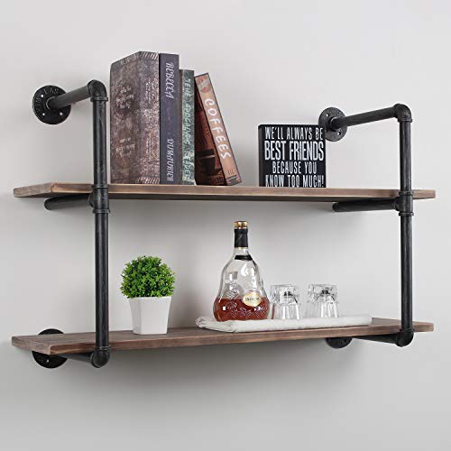 Womio Industrial Pipe Shelving Wall Mounted,Rustic Metal Floating Shelves,Steampunk Real Wood Book Shelves,Wall Shelf Unit Bookshelf Hanging Wall Shelves,Farmhouse Kitchen Bar Shelving(2 Tier,36in)