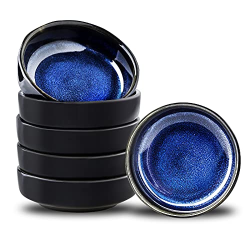 Uniidea Ceramic Soy Sauce Dishes Dipping Bowls,Pinch Condiment Bowls,Small Bowls for Side Dishes Set of 6 3.5 Inch,Blue with Black Edge