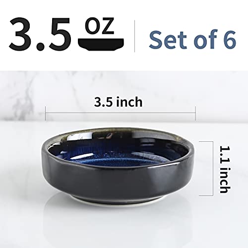 Uniidea Ceramic Soy Sauce Dishes Dipping Bowls,Pinch Condiment Bowls,Small Bowls for Side Dishes Set of 6 3.5 Inch,Blue with Black Edge