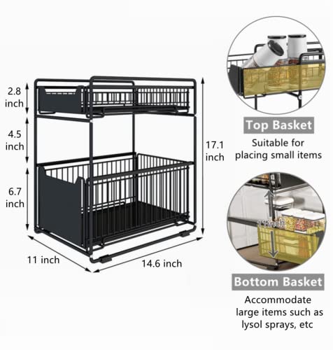 Simple Gear Heavy Duty 2-Tier Under Sink Cabinet Organizers with Sliding Storage Drawer, Pull Out Cabinets Organizer Shelf, Steel Shelf Basket Holds up to 150lbs for Kitchen Bathroom Cabinet or Pantry