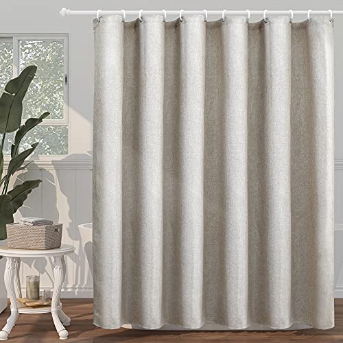 SUMGAR Linen Shower Curtain Tan Farmhouse Rustic Polyester Fabric Cloth Hotel Luxury Heavy Duty Textured Thick Neutral Taupe Elegant Washable Bathroom Curtains Sets with Hooks -72" x 72"