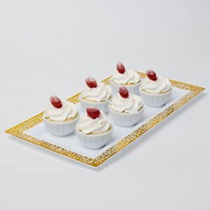 10-Pack Disposable Serving Trays - Decorative Plastic Serving Trays and Platters for Dessert Table, Buffet, Parties, Weddings, and Any Occasion - White with Gold Lace Rim, 7.5 x 14 Inches