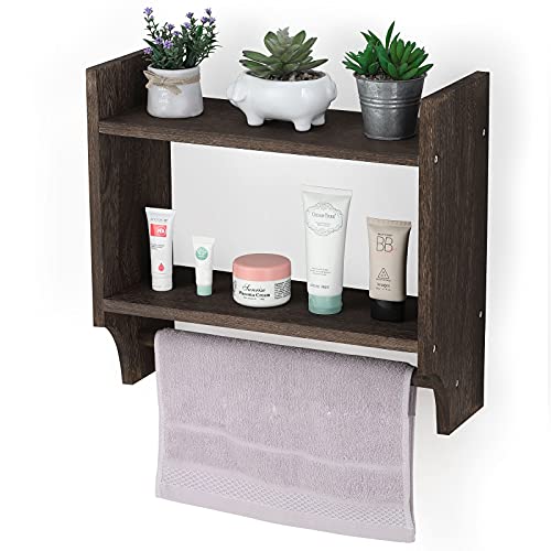 BTY 2-Tier Wood Towel Rack, Bathroom Shelf Wall Mounted, Wood Storage Organizer Holder with Hanging Towel Bar, Farmhouse Torched Towel Rack with Shelf for Home, Bathroom - Rustic Brown