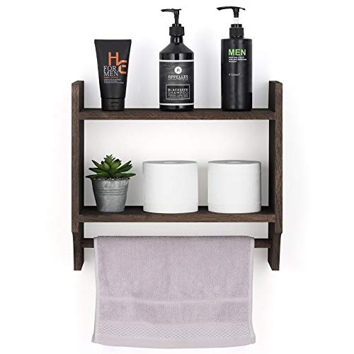 BTY 2-Tier Wood Towel Rack, Bathroom Shelf Wall Mounted, Wood Storage Organizer Holder with Hanging Towel Bar, Farmhouse Torched Towel Rack with Shelf for Home, Bathroom - Rustic Brown