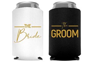 bride and groom can coolers, 1 white and 1 black beer can coolies, cute wedding gifts, novelty can cooler, perfect engagement, bridal shower gift