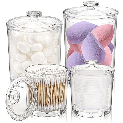 ZOOFOX Set of 4 Acrylic Apothecary Jars, 45 oz/ 30 oz/ 15 oz Clear Plastic Jar with Lid, Bathroom Vanity Laundry Container Holder for Candy, Cotton Swab Ball, Q-Tips, Bath Salt, Pods, Clothes Pins, Scent Boosters