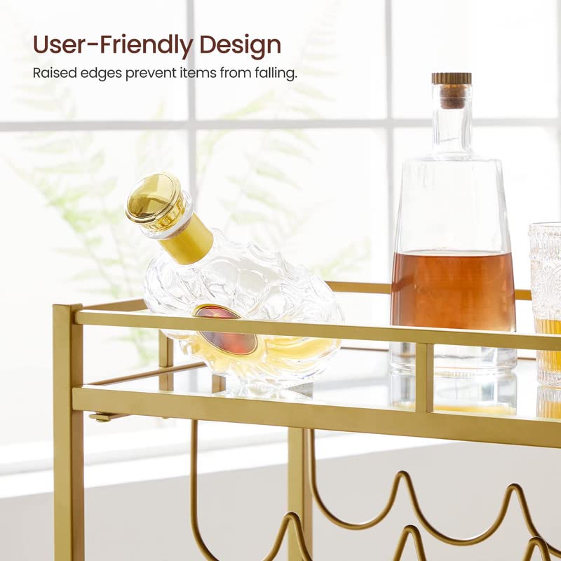 VASAGLE Bar Cart Gold, Home Bar Serving Cart, Wine Cart with 2 Mirrored Shelves, Wine Holders, Glass Holders, for Kitchen, Dining Room, Gold ULRC090A03