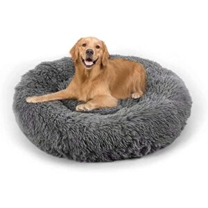 dog bed, cat calming bed, faux fur pillow pet donut cuddler round plush bed for large medium small dogs and cats