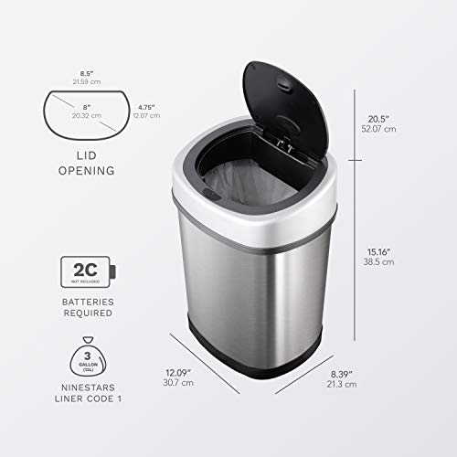 Ninestars DZT-12-9 Trash Can, 3 Gal. 12 L, Stainless Steel (Oval, Silver/Black Lid) & NSTB-3-30 Extra Strong White Trash Bag w/Drawstring Closure, 3 Gal. / 12 L, 30 Count