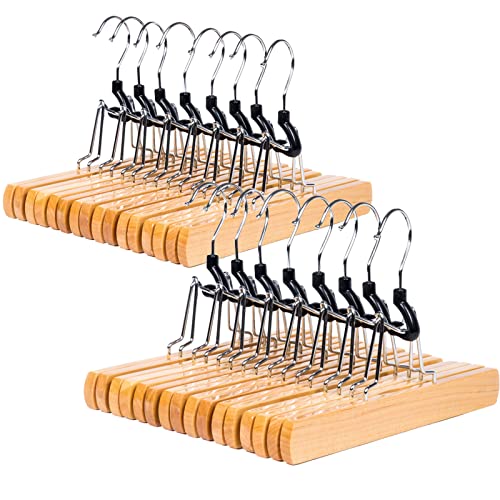 Amber Home Natural Wooden Pants Hangers 24 Pack, Wood Clamp Hangers with Non Slip Padded Velvet, Jeans/Slacks Hangers Hair Extension Hangers for Skirts, Trousers, Wigs (Natural, 24)