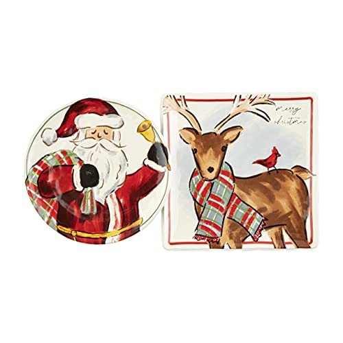 Mud Pie Christmas Santa & Deer Nested Platter Set, Multi, santa 12" dia | deer 13" x 13"