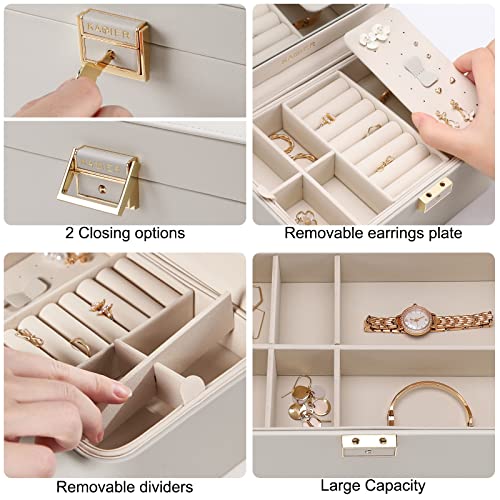 KAMIER Jewelry Box, 2 Layers PU Leather Jewelry Organizer Box, Large Capacity, Double Lock and Large Mirror, Hidden Necklace Hooks, Removable Dividers, Gift Box Packaging, Grey