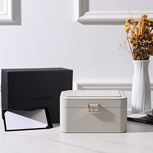 KAMIER Jewelry Box, 2 Layers PU Leather Jewelry Organizer Box, Large Capacity, Double Lock and Large Mirror, Hidden Necklace Hooks, Removable Dividers, Gift Box Packaging, Grey