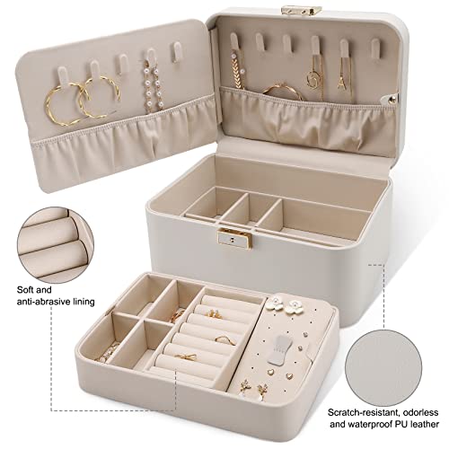 KAMIER Jewelry Box, 2 Layers PU Leather Jewelry Organizer Box, Large Capacity, Double Lock and Large Mirror, Hidden Necklace Hooks, Removable Dividers, Gift Box Packaging, Grey