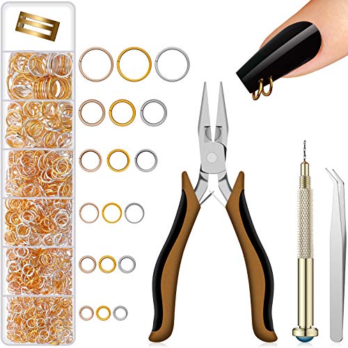 1014 Pieces Nail Dangle Charm Piercing Tool Hand Drill, Nail Charms 6 Sizes Jump Rings Connectors with Jump Ring Open Close Tool, Pliers and Tweezers for Jewelry Making Supplies