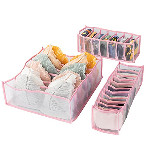 CLEACE Underwear Drawer Organizer Set, Foldable Sock Bra Underpants Organizer Drawer Divider, Washable Closet Cabinet Storage Boxes for Clothes, Stockings, Ties and Bras (6+7+11 Grid) 3 Pack (Pink)