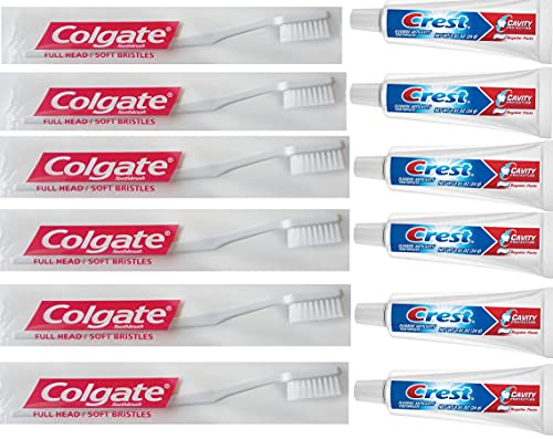 Rilney Bundle Colgate Full Head Wrapped Toothbrushes with Crest Cavity Travel Size Toothpaste, 6 of Each.