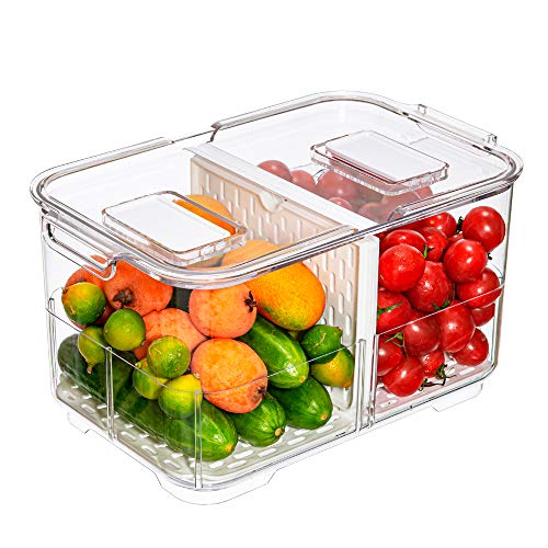 Benzoyl Food Storage Containers Fridge Produce Saver, Stackable Refrigerator Organizer Keeper Foldable lid with Removable Drain Tray for Produce, Fruits, Vegetables 2800ML