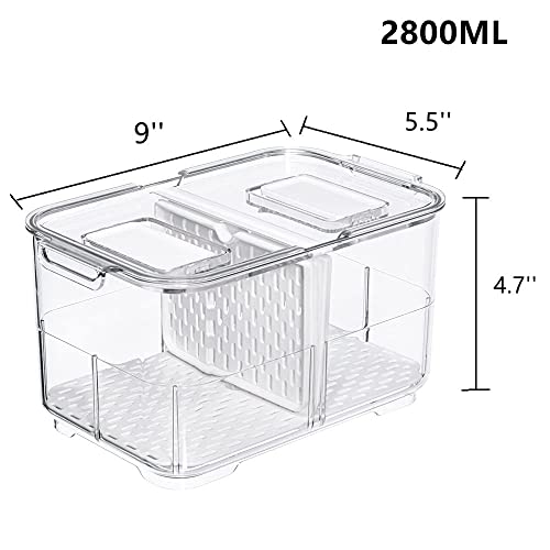 Benzoyl Food Storage Containers Fridge Produce Saver, Stackable Refrigerator Organizer Keeper Foldable lid with Removable Drain Tray for Produce, Fruits, Vegetables 2800ML