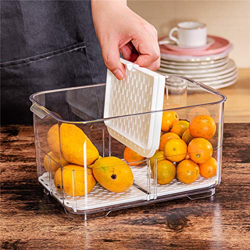 Benzoyl Food Storage Containers Fridge Produce Saver, Stackable Refrigerator Organizer Keeper Foldable lid with Removable Drain Tray for Produce, Fruits, Vegetables 2800ML