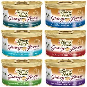 fancy feast gravy lovers bundle, 4 turkey, 4 ocean whitefish, 4 salmon & sole, 4 beef, 4 salmon feast in seared salmon, & 4 chicken & beef. each can is total of 24 cans., 3 ounce,3 ounce (pack of 24)