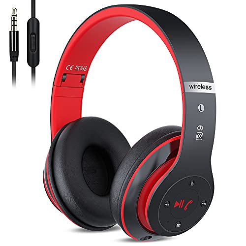 6S Wireless Bluetooth Headphones Over Ear, Hi-Fi Stereo Foldable Wireless Stereo Headsets Earbuds with Built-in Mic, Volume Control, FM for iPhone/Samsung/iPad/PC (Black & Red)