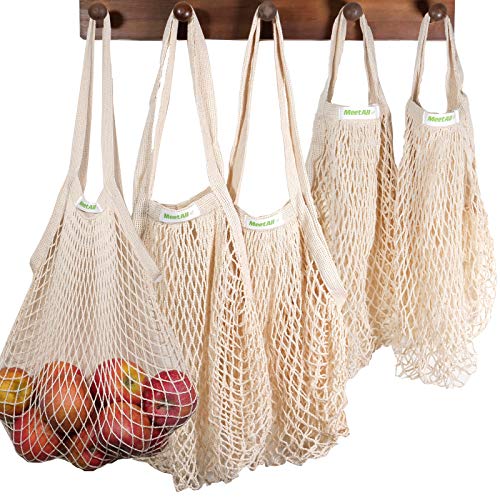 meetall Mesh Grocery Bags, Reusable Tote Bags with Sturdy Handle, Washable, Eco Friendly, Cotton String Net, for Shopping and Storage Fruit Vegetable (5 Pack, 2 Size,Off White)