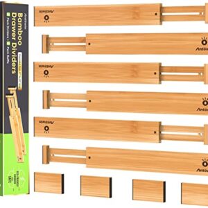 ANTOWIN Bamboo Drawer Dividers, Expandable Drawer Separators Splitter, 17-22 inches Adjustable Spring-loaded Organizer for Large Utensil, Clothes, Tools Drawers, 6 Pack Dividers + 4 Pack Baffle