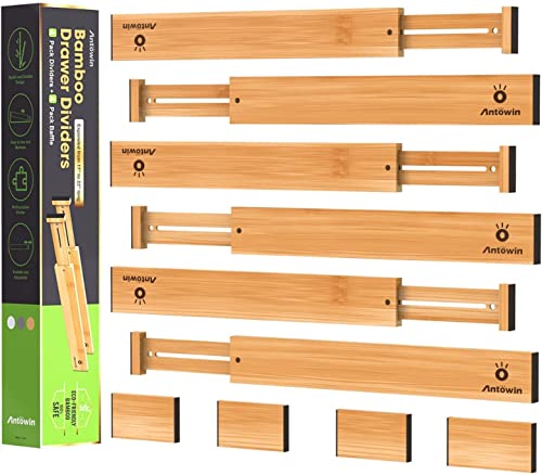 ANTOWIN Bamboo Drawer Dividers, Expandable Drawer Separators Splitter, 17-22 inches Adjustable Spring-loaded Organizer for Large Utensil, Clothes, Tools Drawers, 6 Pack Dividers + 4 Pack Baffle