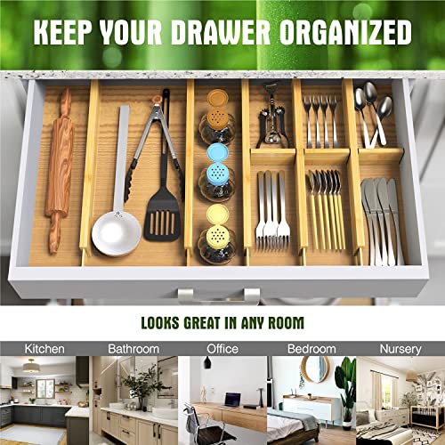 ANTOWIN Bamboo Drawer Dividers, Expandable Drawer Separators Splitter, 17-22 inches Adjustable Spring-loaded Organizer for Large Utensil, Clothes, Tools Drawers, 6 Pack Dividers + 4 Pack Baffle