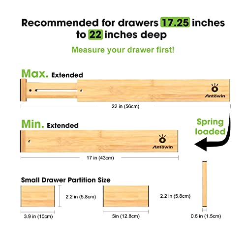 ANTOWIN Bamboo Drawer Dividers, Expandable Drawer Separators Splitter, 17-22 inches Adjustable Spring-loaded Organizer for Large Utensil, Clothes, Tools Drawers, 6 Pack Dividers + 4 Pack Baffle