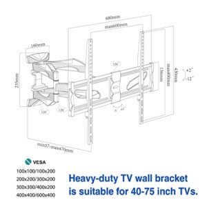 Full Motion TV Wall Mount for Most 40-75 Inch TVs, TV Mount with Dual Swivel Articulating Arms Extension Tilt Rotation and 6 Cable Management, Max VESA 600x400mm, Holds up to 99 lbs