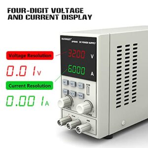 DC Power Supply,HANDSKIT Bench Power Supply 32V 6A Variable Adjustable Switching Regulated Power Supply OVP OCP Digital LED Display with Multimeter Test Lead,Alligator Clip and Plug Adapter Power Cord