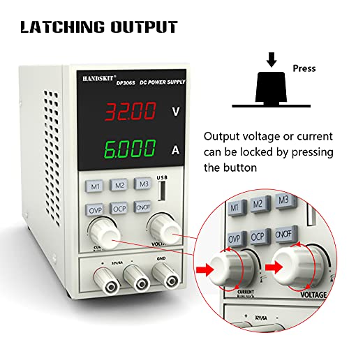 DC Power Supply,HANDSKIT Bench Power Supply 32V 6A Variable Adjustable Switching Regulated Power Supply OVP OCP Digital LED Display with Multimeter Test Lead,Alligator Clip and Plug Adapter Power Cord