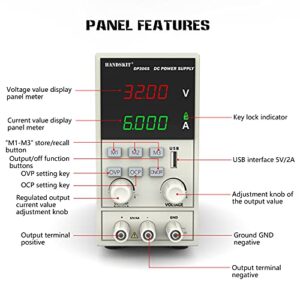 DC Power Supply,HANDSKIT Bench Power Supply 32V 6A Variable Adjustable Switching Regulated Power Supply OVP OCP Digital LED Display with Multimeter Test Lead,Alligator Clip and Plug Adapter Power Cord