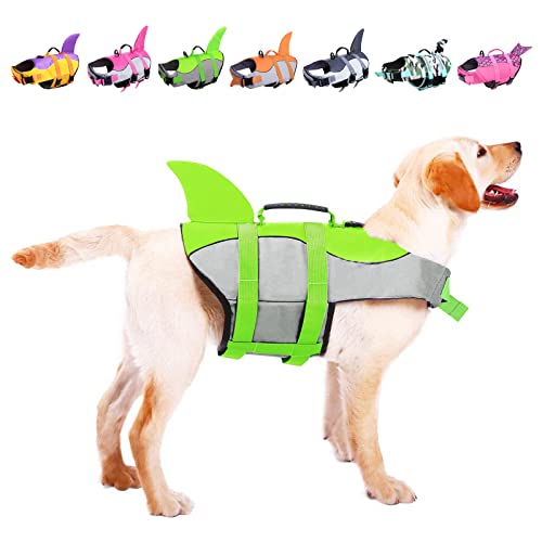 ASENKU Dog Life Jacket Pet Life Safety Vest for Swimming Boating, Dog Shark Life Jackets Dog Lifesavers Swimsuits for Pool, Dog Water Floatation Vest for Small Medium Large Dogs, Green, Large