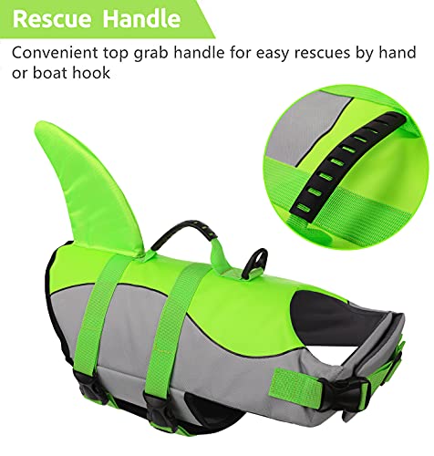 ASENKU Dog Life Jacket Pet Life Safety Vest for Swimming Boating, Dog Shark Life Jackets Dog Lifesavers Swimsuits for Pool, Dog Water Floatation Vest for Small Medium Large Dogs, Green, Large