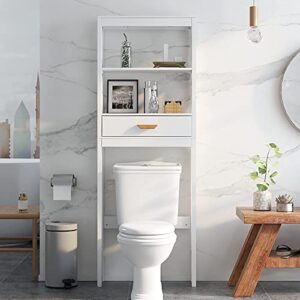 rasoo over the toilet rack white 2 -tier toilet bathroom spacesaver storage shelf with one big drawer bathroom freestanding shelf, 23.62"x7.87"x64.96”h