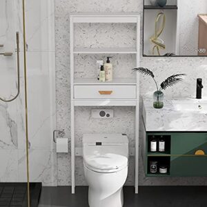 RASOO Over The Toilet Rack White 2 -Tier Toilet Bathroom Spacesaver Storage Shelf with One Big Drawer Bathroom Freestanding Shelf, 23.62"x7.87"x64.96”H